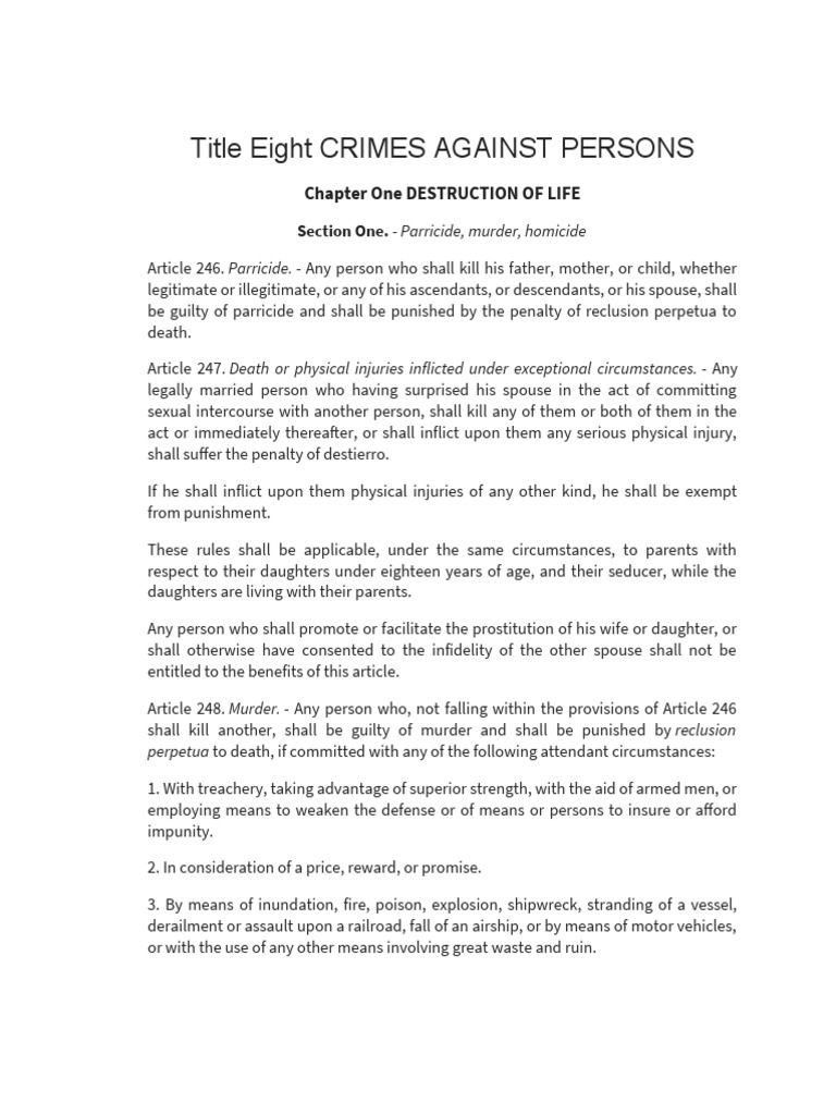 Title Eight CRIMES AGAINST PERSONS | PDF | Murder | Crime & Violence
