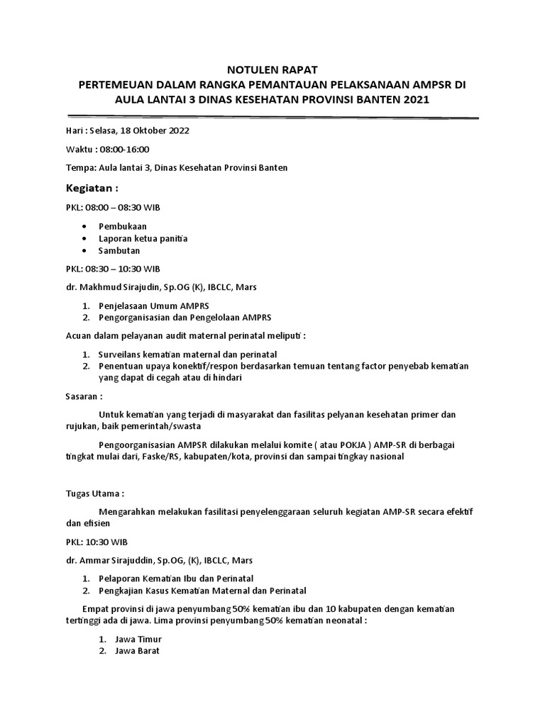 Notulen Rapat Pertemeuan Dalam Rangka Pemantauan Pelaksanaan Ampsr Di ...