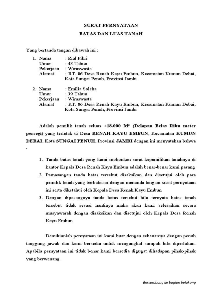 Surat Pernyataan Batas Tanah Jambi | PDF