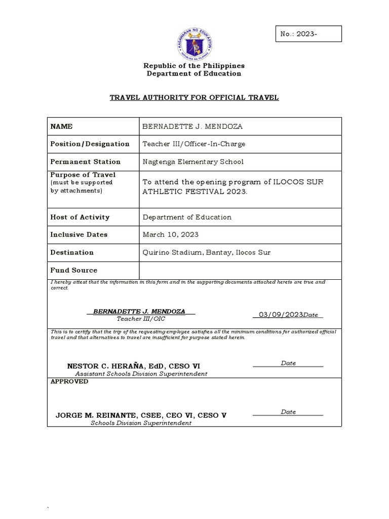 Travel Authority and Locator Slip Template | PDF | Government | Philippines