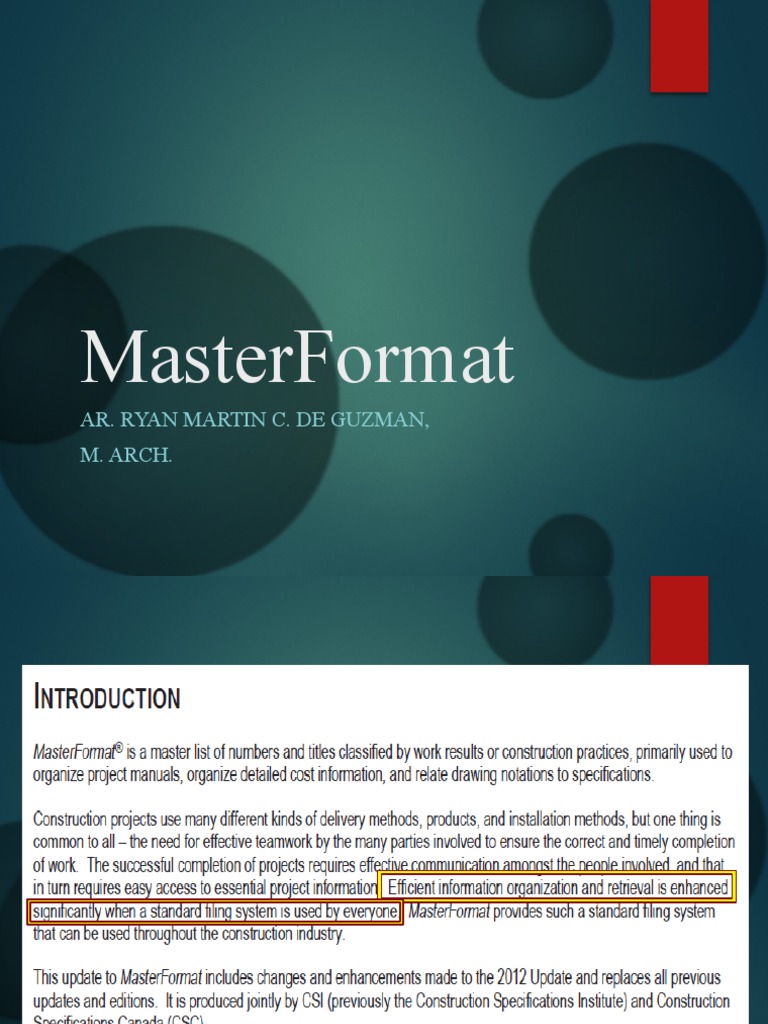 Masterformat: Ar. Ryan Martin C. de Guzman, M. Arch | PDF