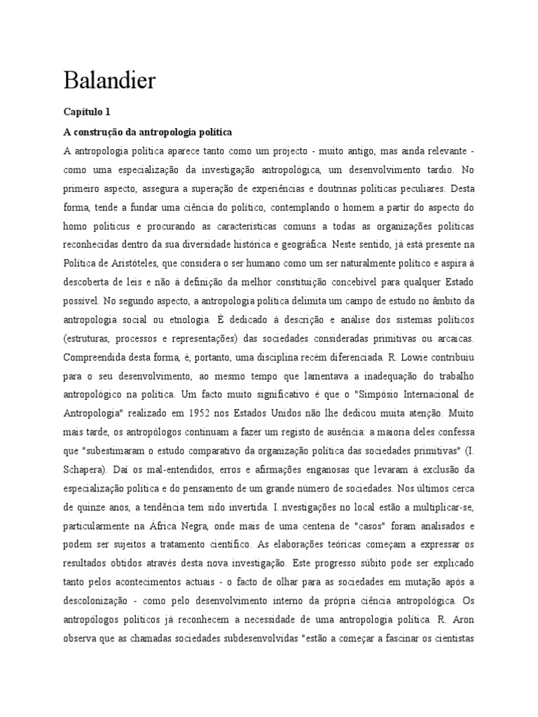 Balandier Capitulo 1 | PDF | Antropologia | Sociologia