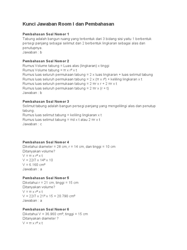 Kunci Jawaban SOAL BANGUN RUANG - TABUNG | PDF