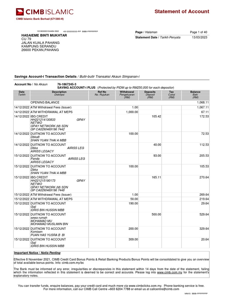Statement of Savings: An Overview of Account Activity and Transactions for HASAIEME BINTI ...
