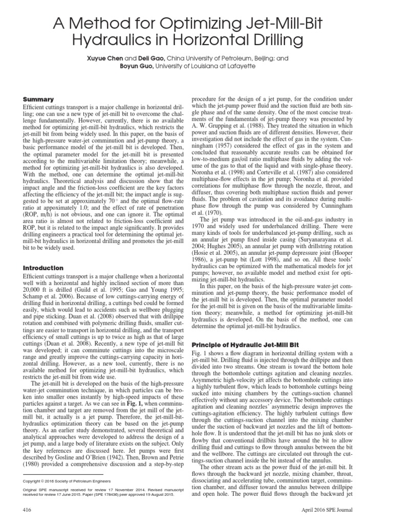 A Method For Optimizing Jet-Mill-Bit Hydraulics in Horizontal Drilling | PDF | Pump | Nozzle