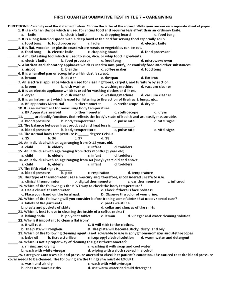 1st SUMMATIVE Test in CAREGIVING 7 | PDF | Personal Protective ...