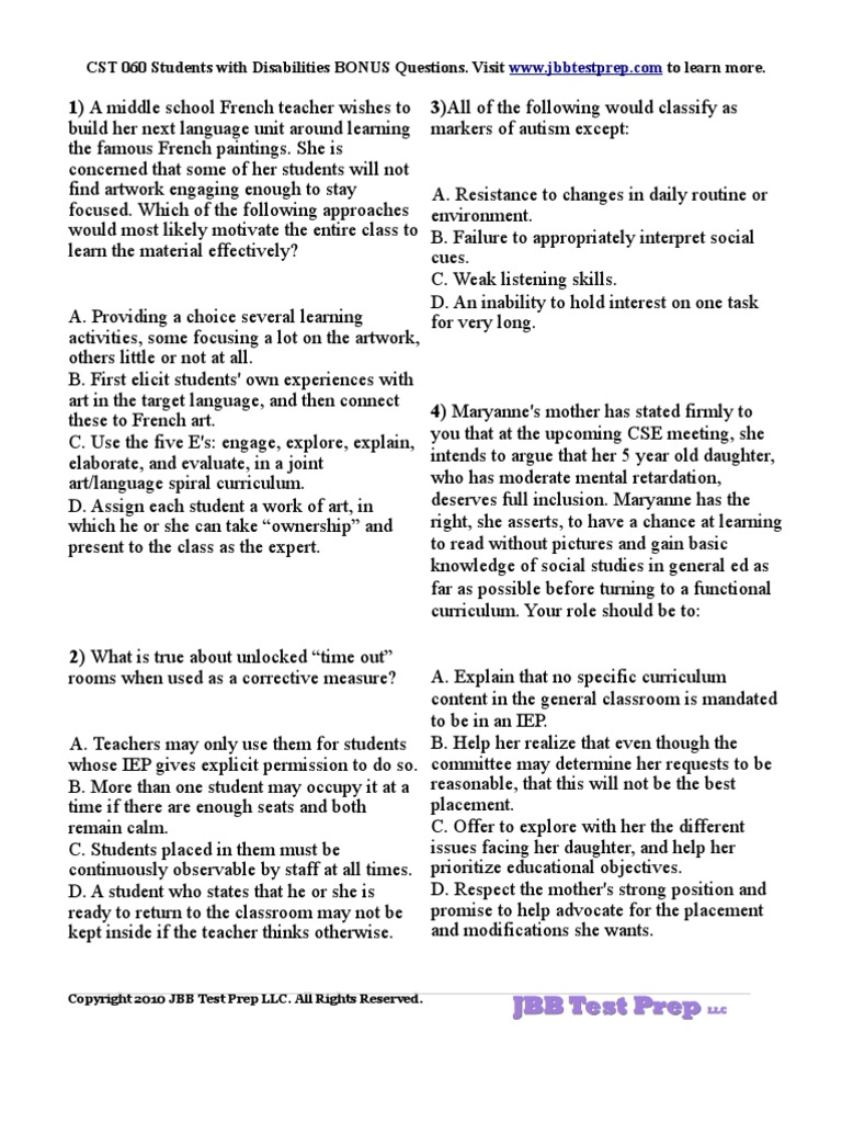 CST 060 Study Guide for Disabilities Exam | PDF | Individualized ...
