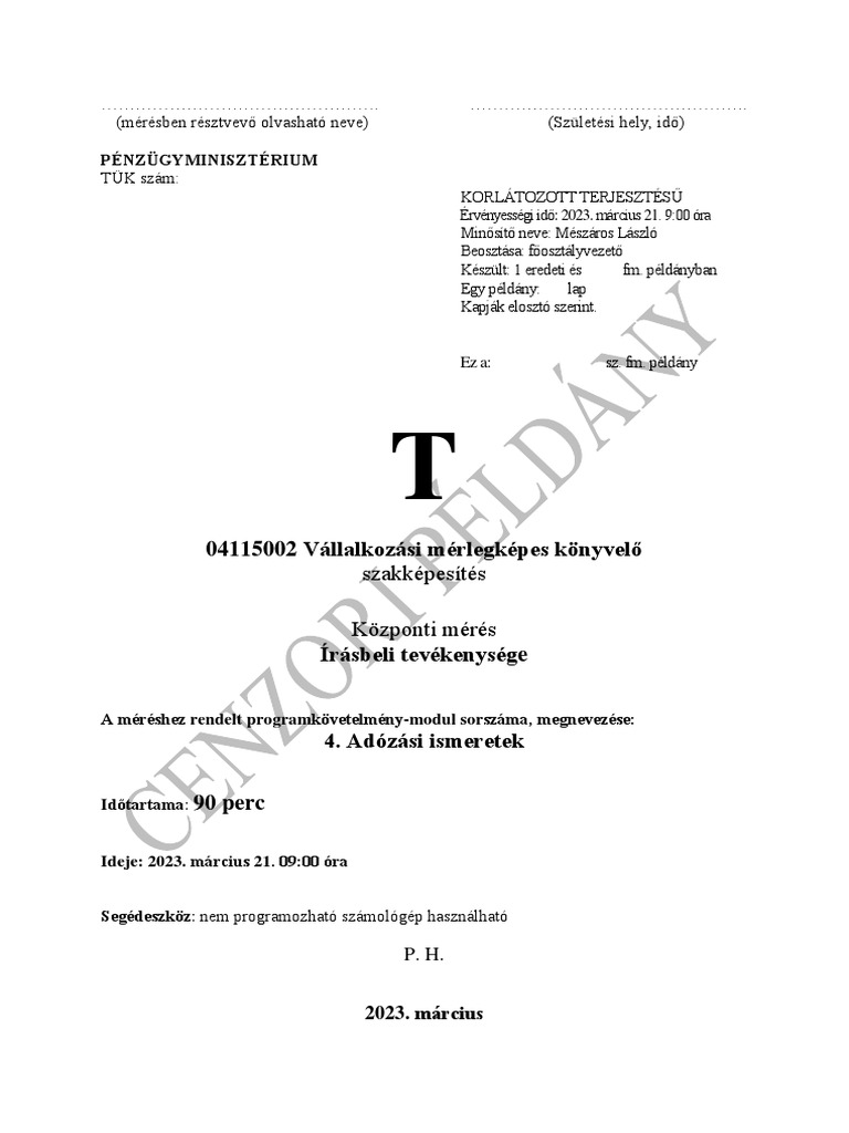 20230321-Adozasi Ismeretek Kozponti Meres T | PDF