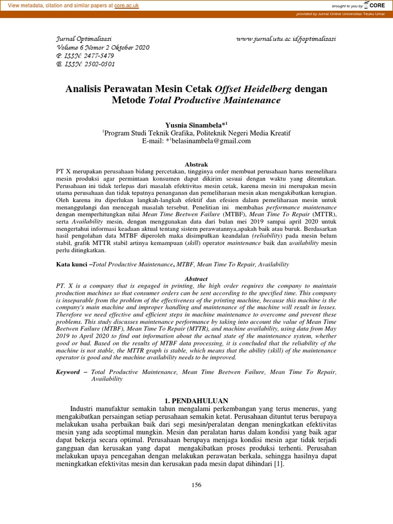 Analisis Perawatan Mesin Cetak Offset Heidelberg Dengan Metode Total ...