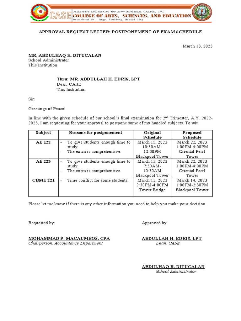 Request Letter For Postponement of Scheduled Exam | PDF