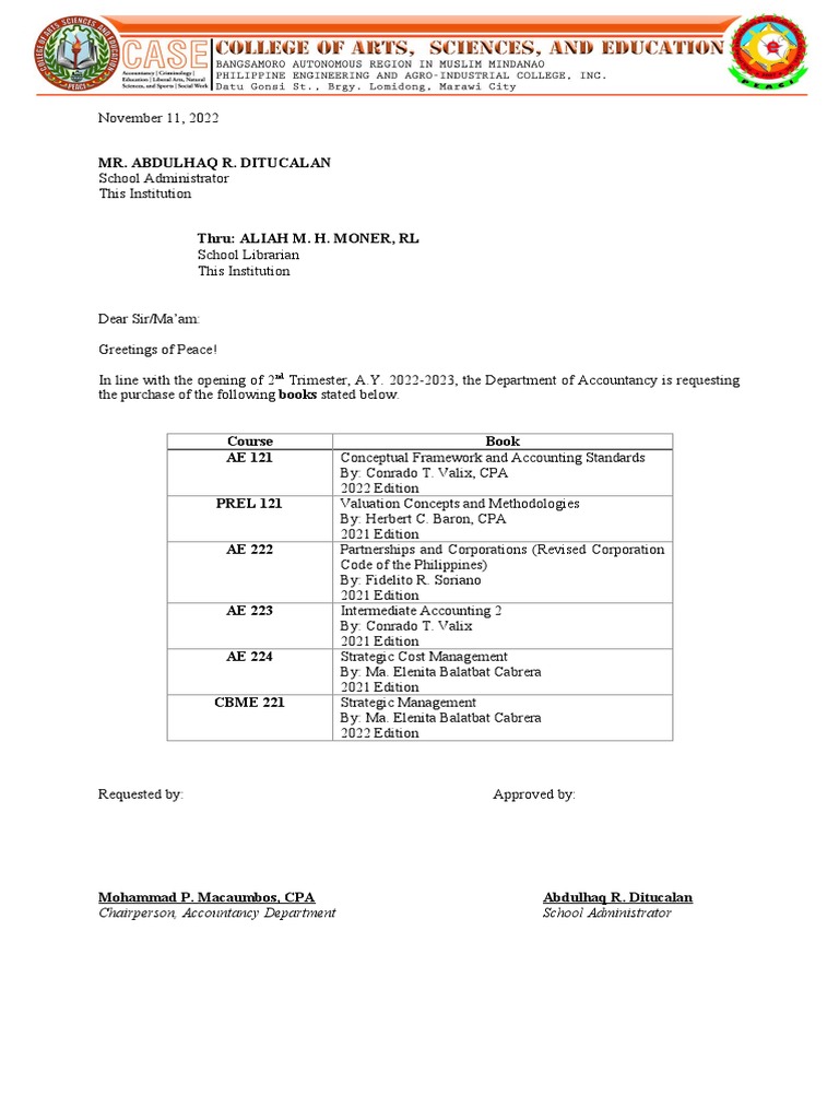 Purchase of Book Request Letter | PDF