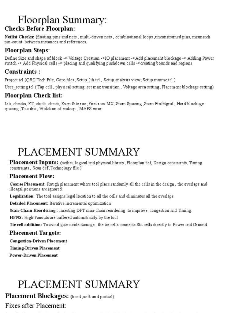 Floorplan Summary:: Checks Before Floorplan: Floorplan Steps: Constraints: Floorplan Check List ...
