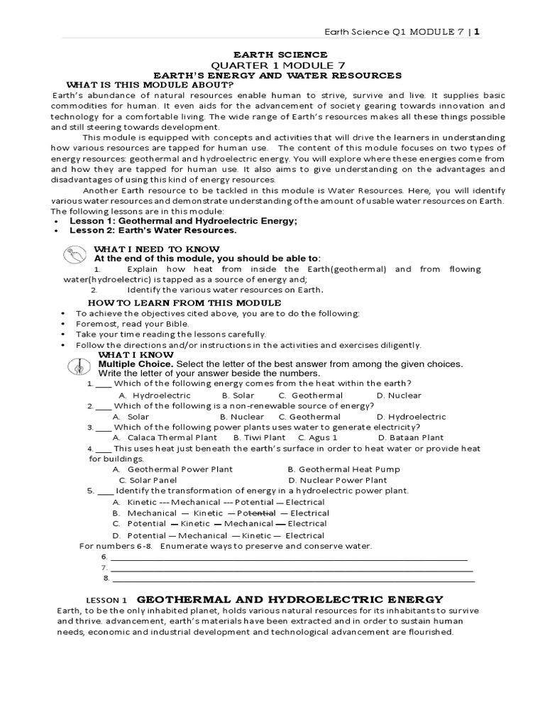 ESci Q1 M7 Earths Energy and Water Resources | PDF | Power Station ...