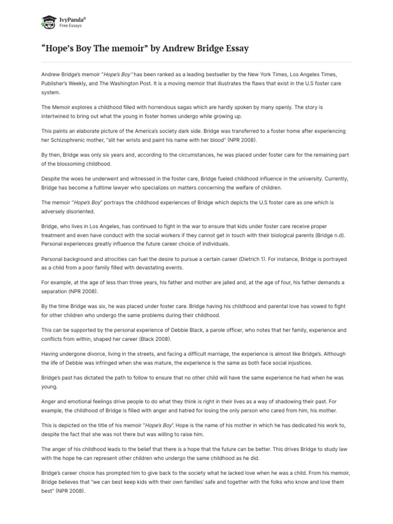 Hope's Boy The Memoir - by Andrew Bridge - 825 Words - Essay Example | PDF | Experience | Anger