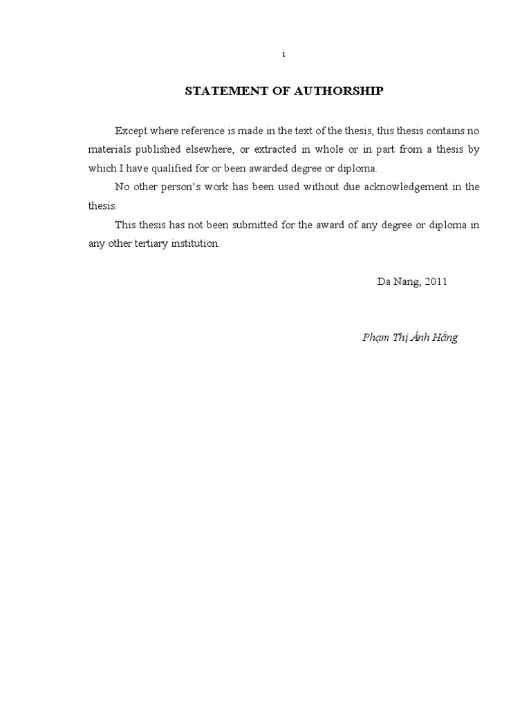 Acknowledgements, Statement of Authorship | PDF | Word | English Language