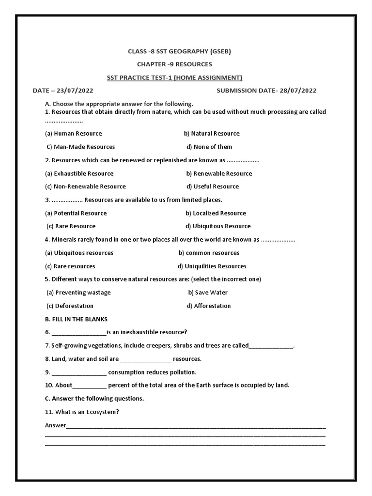 Class 8 Geography Resources Worksheet | PDF | Resource | Renewable ...