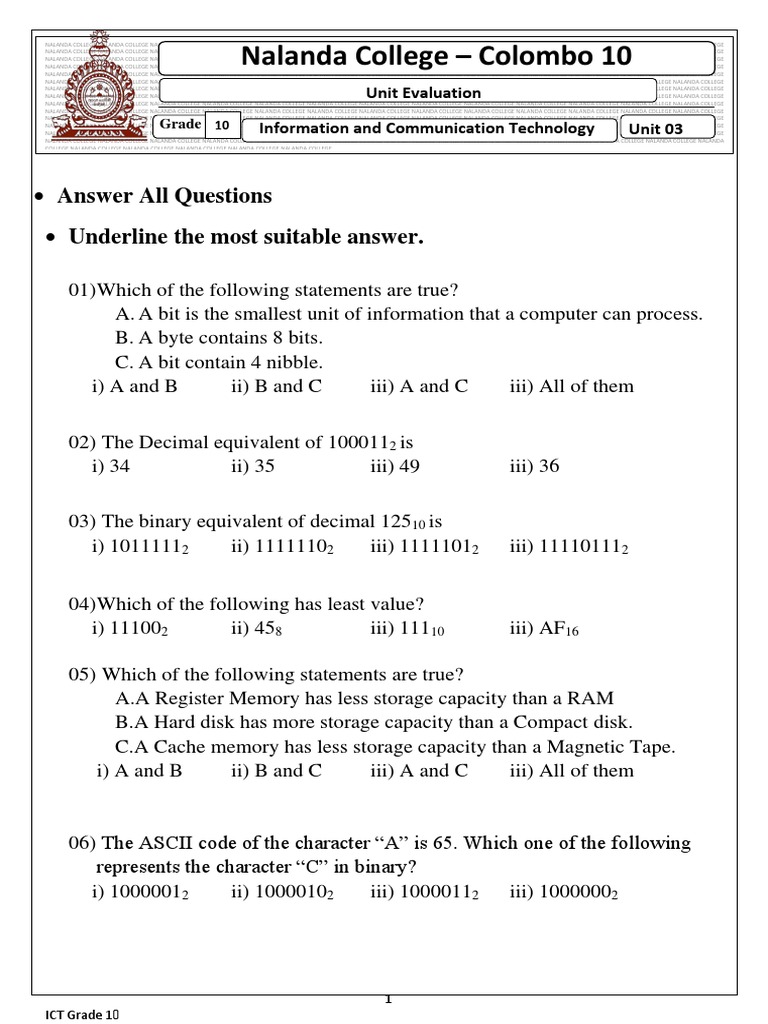 Grade 10 - Unit 03 | PDF | Bit | Byte