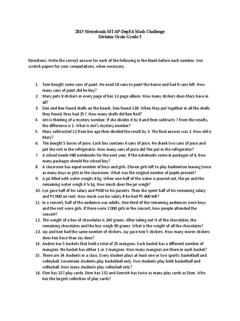 2015 Metrobank-MTAP-DepEd Math Challenge Elimination Grade 3 | PDF ...