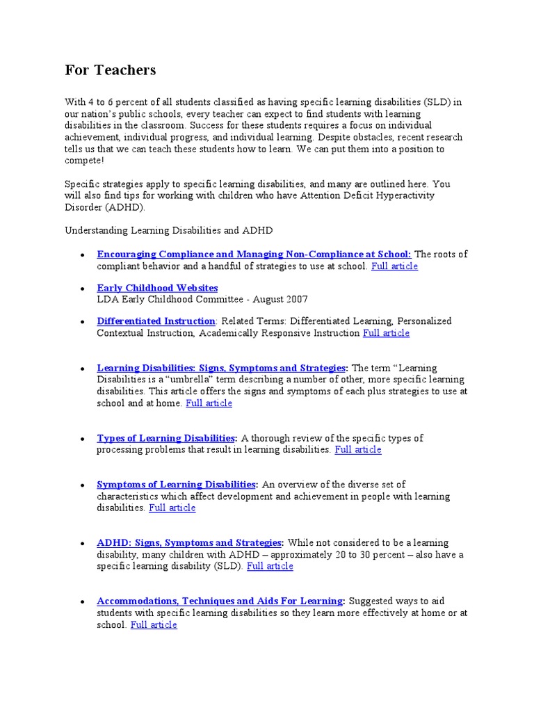 For Teachers | PDF | Learning Disability | Attention Deficit Hyperactivity Disorder