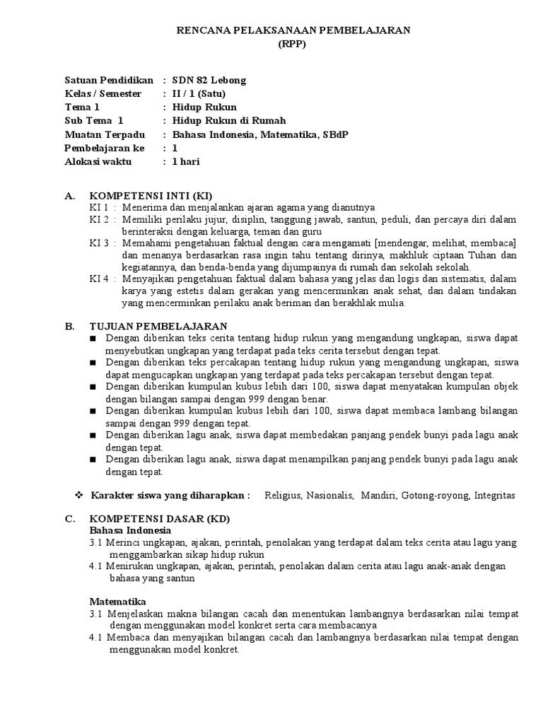 RPP Kelas 2 Tema 1 Subtema 1 K13 | PDF | Seni & Disiplin Bahasa