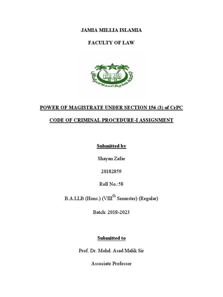 Shayan Zafar - 4th Year (R) - Roll 58 - CRPC Assignment - Power of Magistrate | PDF | Magistrate ...
