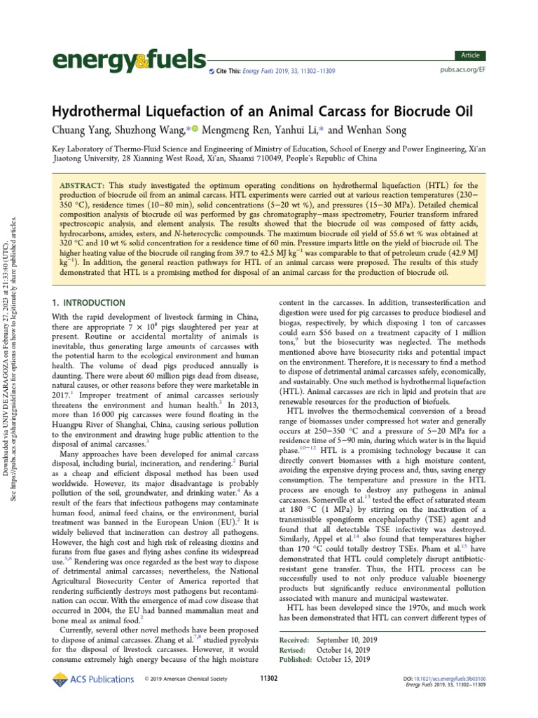 Hydrothermal Liquefaction of An Animal Carcass For Biocrude Oil | PDF ...