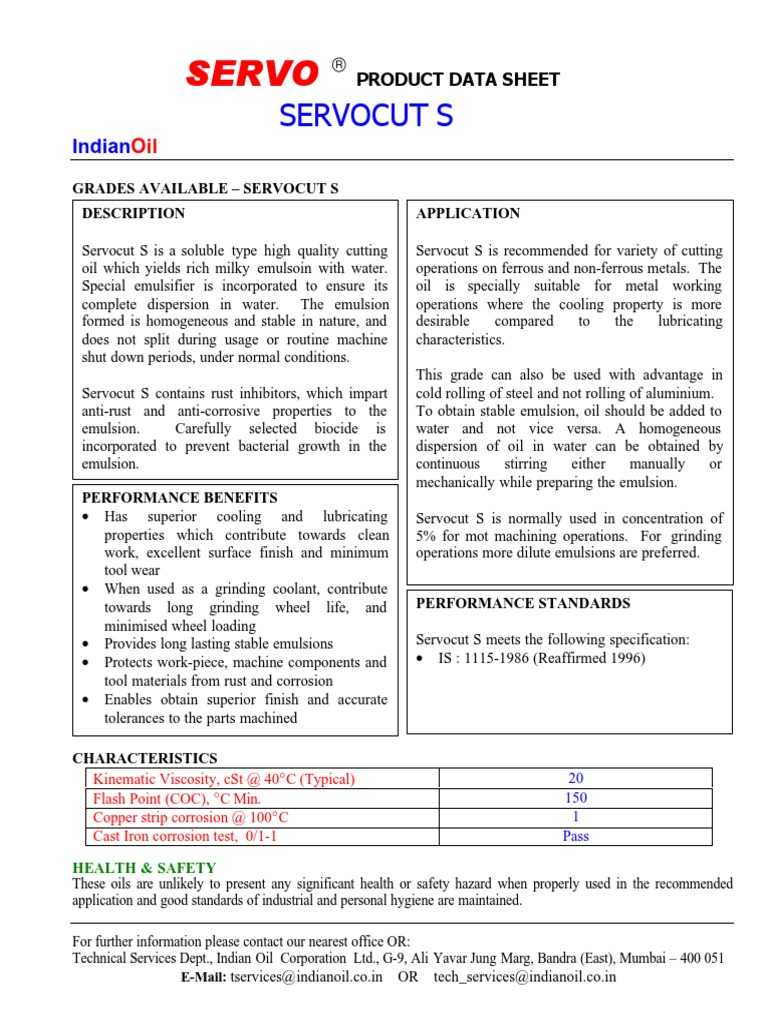 SERVO Cut S - PDS | PDF | Emulsion | Corrosion