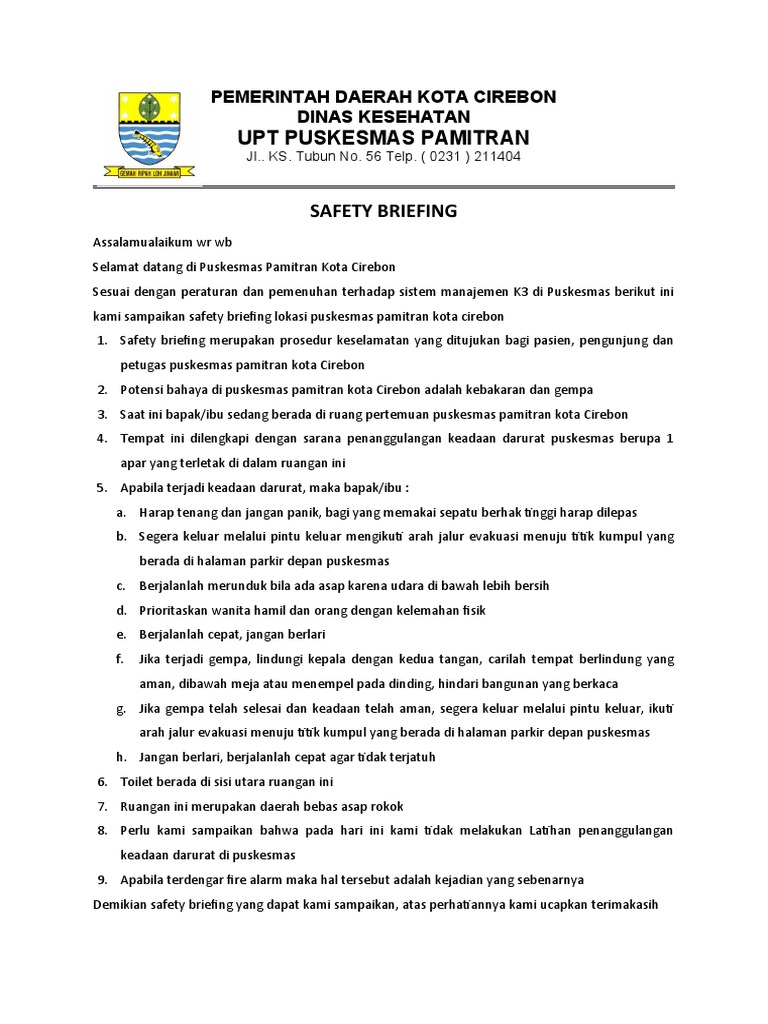 Safety Briefing Puskesmas Pamitran Cirebon | PDF