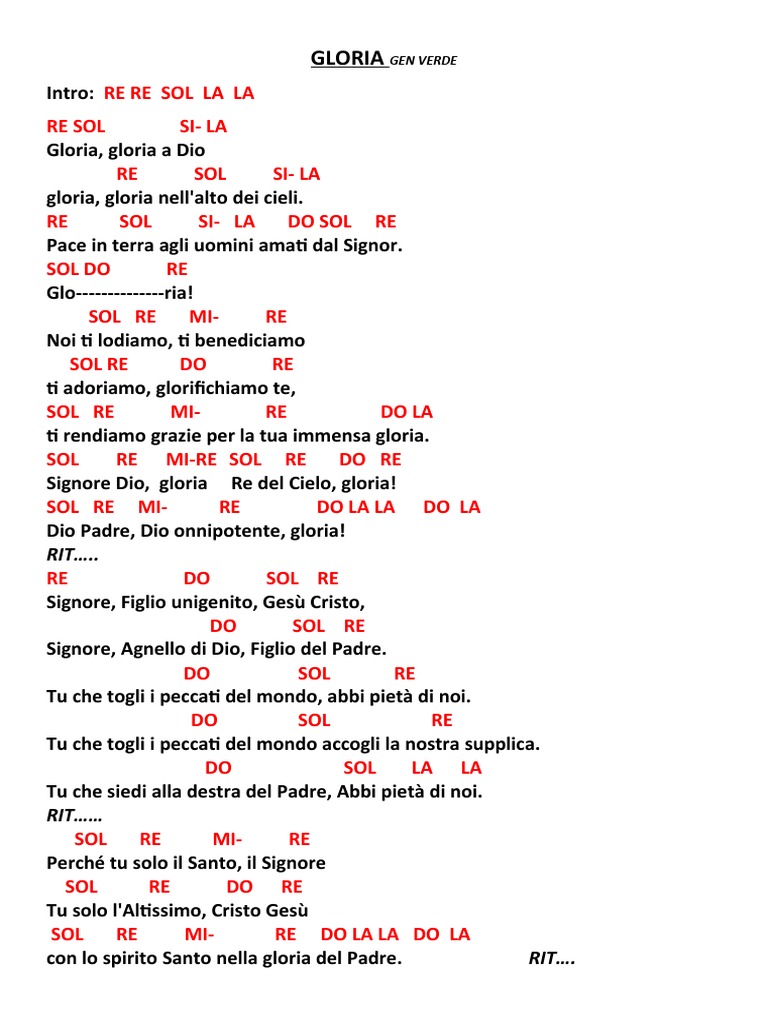 GLORIA GEN VERDE - Accordi in RE | PDF