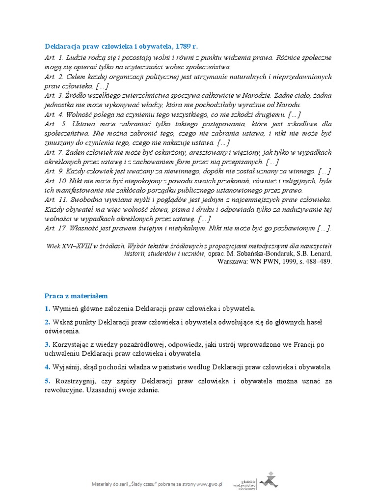 Rozdzial 32 Praca Z Tekstem Deklaracja Praw Czlowieka I Obywatela 2x | PDF