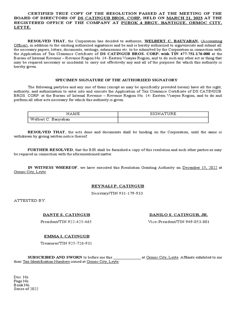 Board Resolution - Authorization | PDF | Governance | Public Law