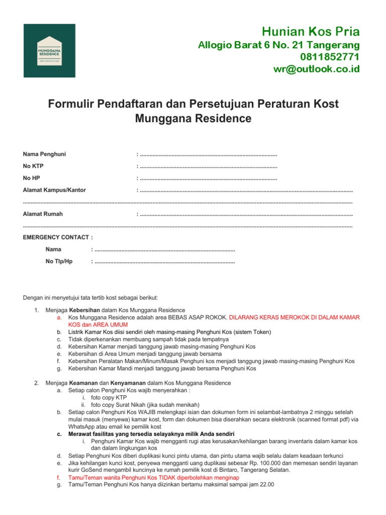 Formulir Pendaftaran Dan Persetujuan Peraturan Kost Munggana Residence ...