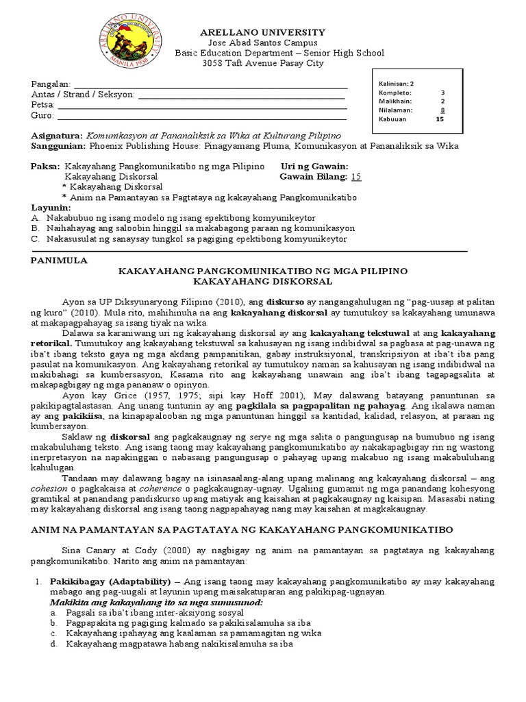 DLP Blg. 15 - Kakayahang Diskorsal at Mga Hakbang Sa Pagbuo NG Sulating Pananaliksik | PDF