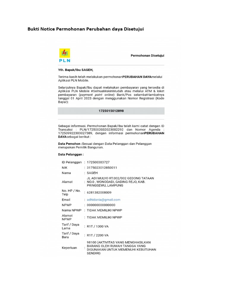 Permohonan Perubahan Daya Disetujui | PDF