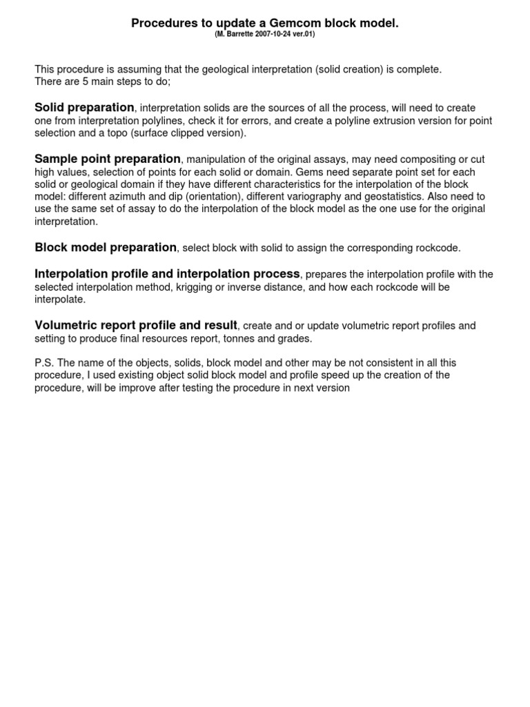 Procedures To Update A Gemcom Block Model.: (M. Barrette 2007-10-24 Ver ...