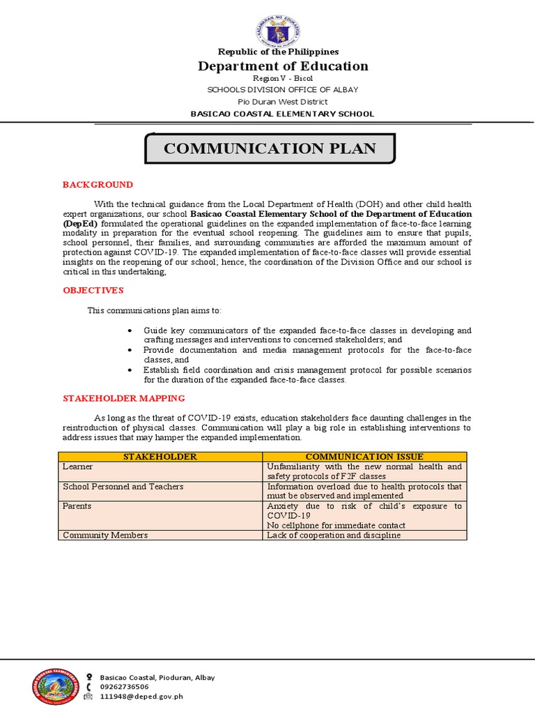 Communication Plan: Department of Education | PDF | Teachers ...