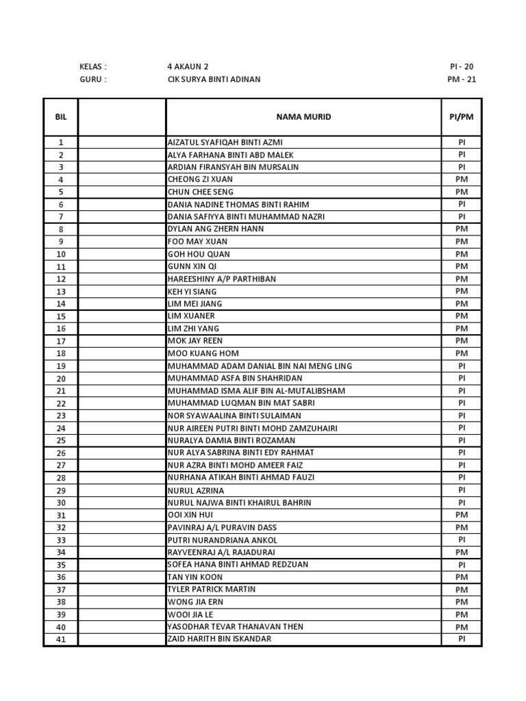 BIL Nama Murid Pi/Pm | PDF