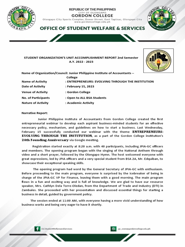 SO Form 2 Accomplishment Report Form 2nd Semester | PDF ...
