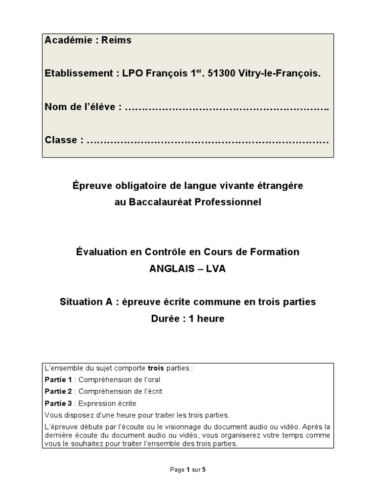 CCF Anglais Bac Pro : Évaluation 2023 | PDF | Langue française ...