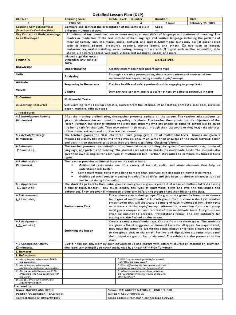 Detailed Lesson Plan (DLP) : Domain | PDF | Survey Methodology | Learning