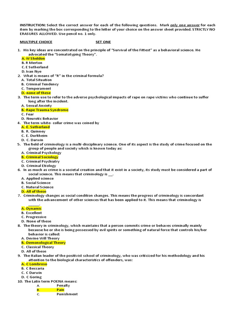 Criminology Multiple Choice Questions | PDF | Criminology | Forensic ...