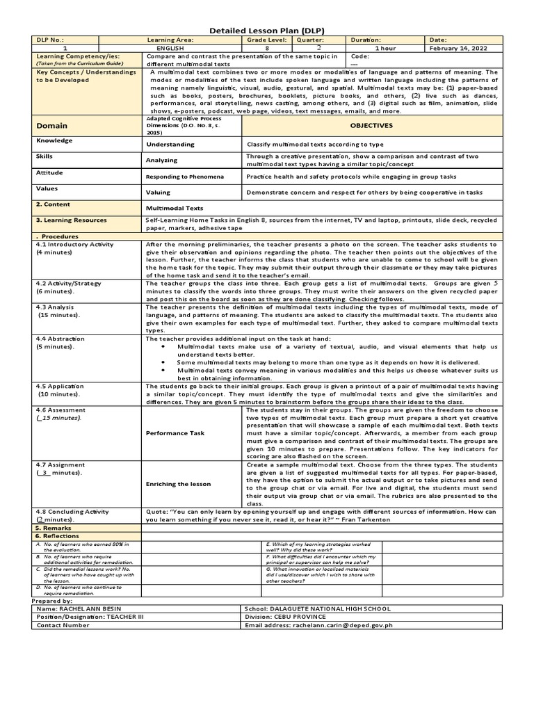 DLP in Grade 8 English - Multimodal Text | PDF | Cognition | Cognitive Psychology