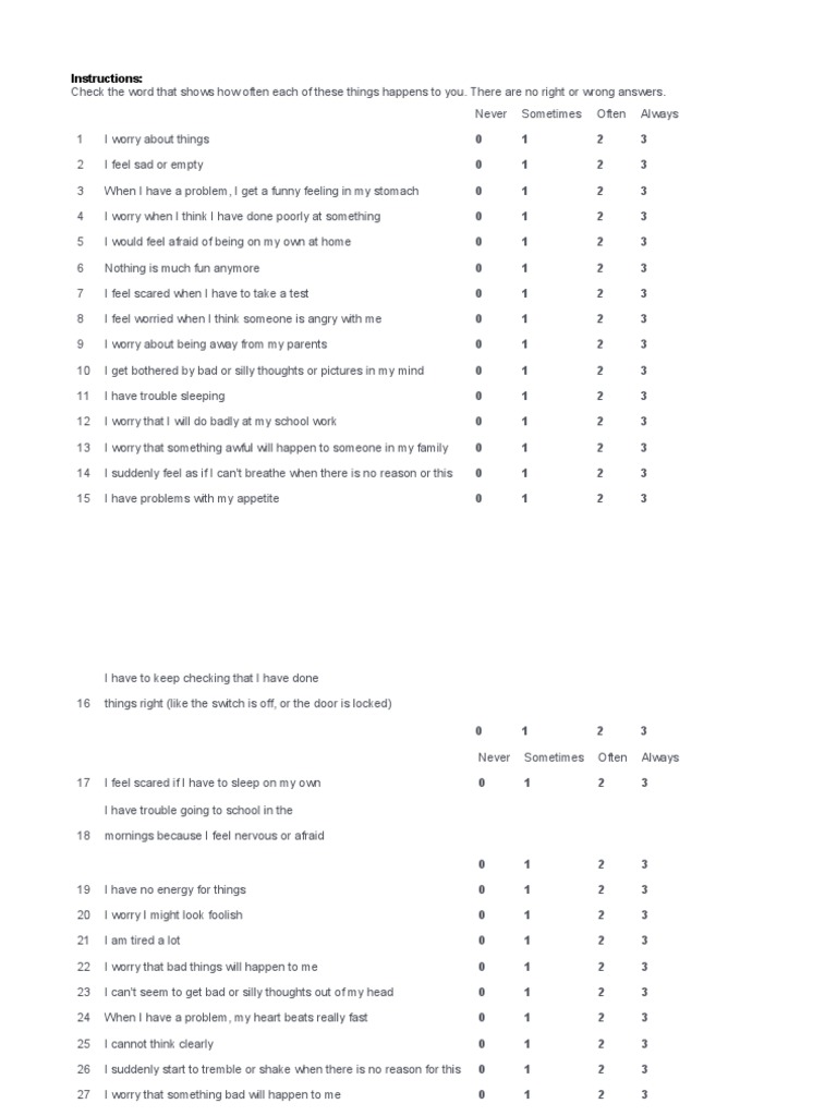 Children Depression and Anxiety Scale | PDF | Anxiety | Social Anxiety ...