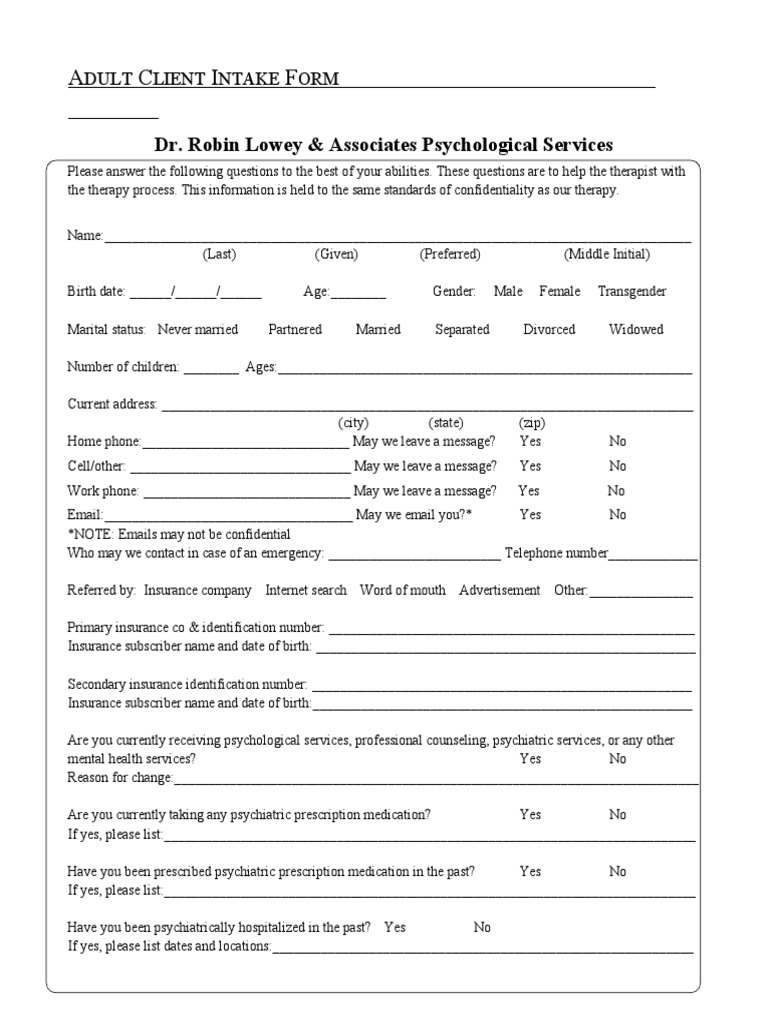 Client Intake Form | PDF | Mental Disorder | Psychotherapy