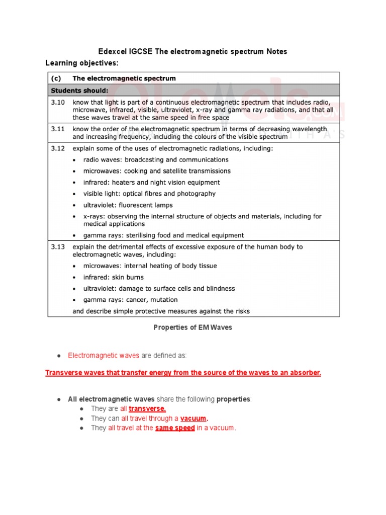 Edexcel IGCSE The Electromagnetic Spectrum Notes Learning Objectives | PDF