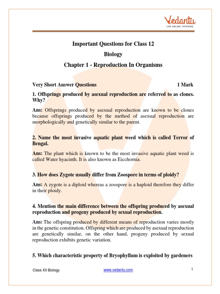 Important Questions For Class 12 Biology Chapter 1 - Reproduction in ...