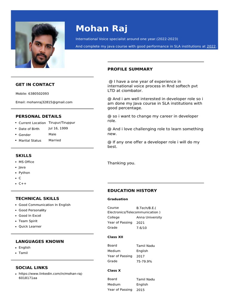 Mohan Raj: International Voice Process CV | PDF | Second Language ...