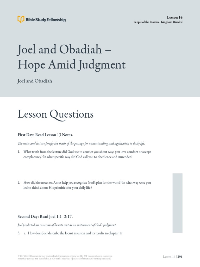 Joel and Obadiah - Hope Amid Judgment: Lesson Questions | PDF | Holy ...