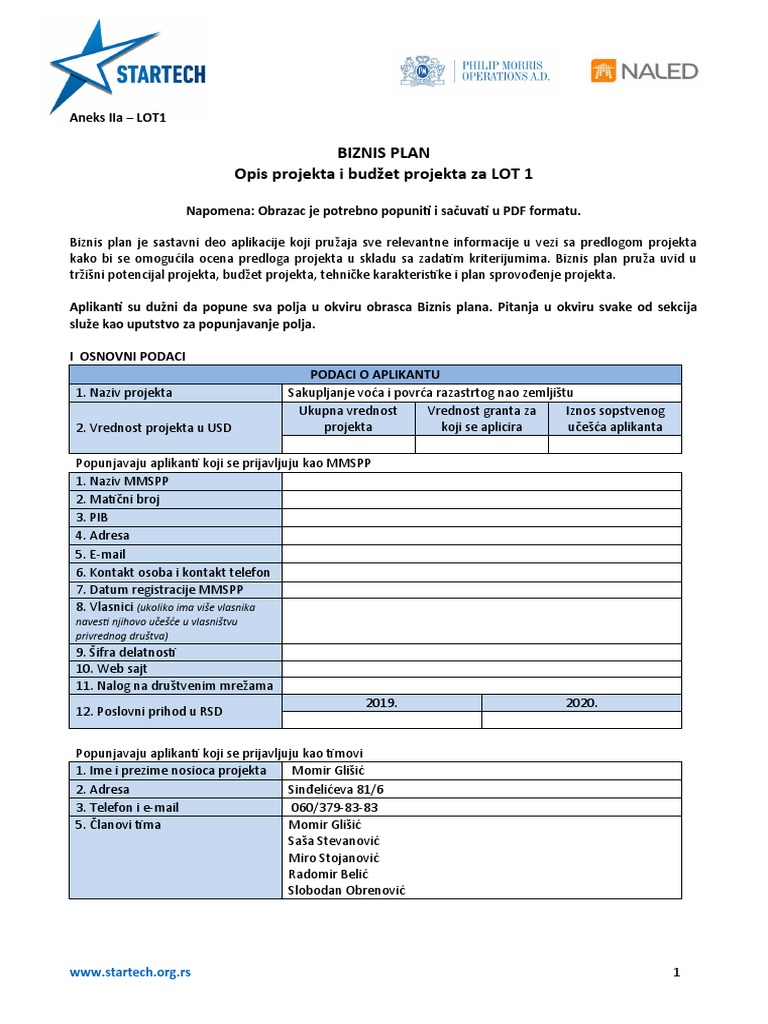 Aneks IIa - LOT 1 - Biznis Plan - Opis I Budzet Projekta | PDF