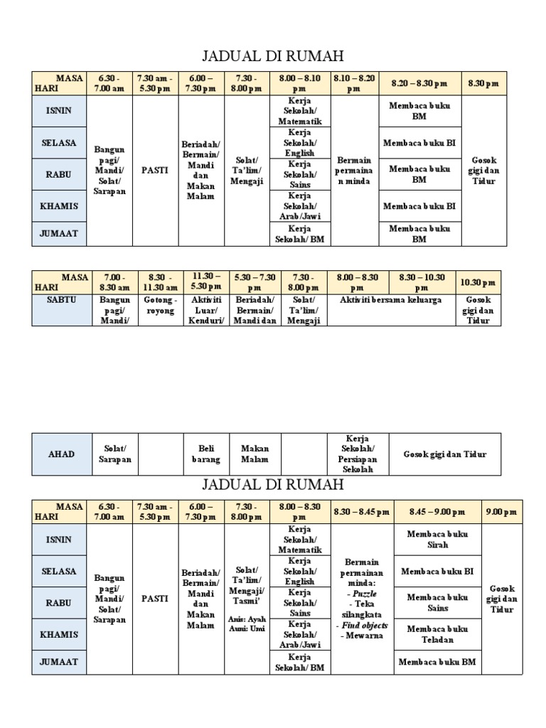Jadual Di Rumah | PDF
